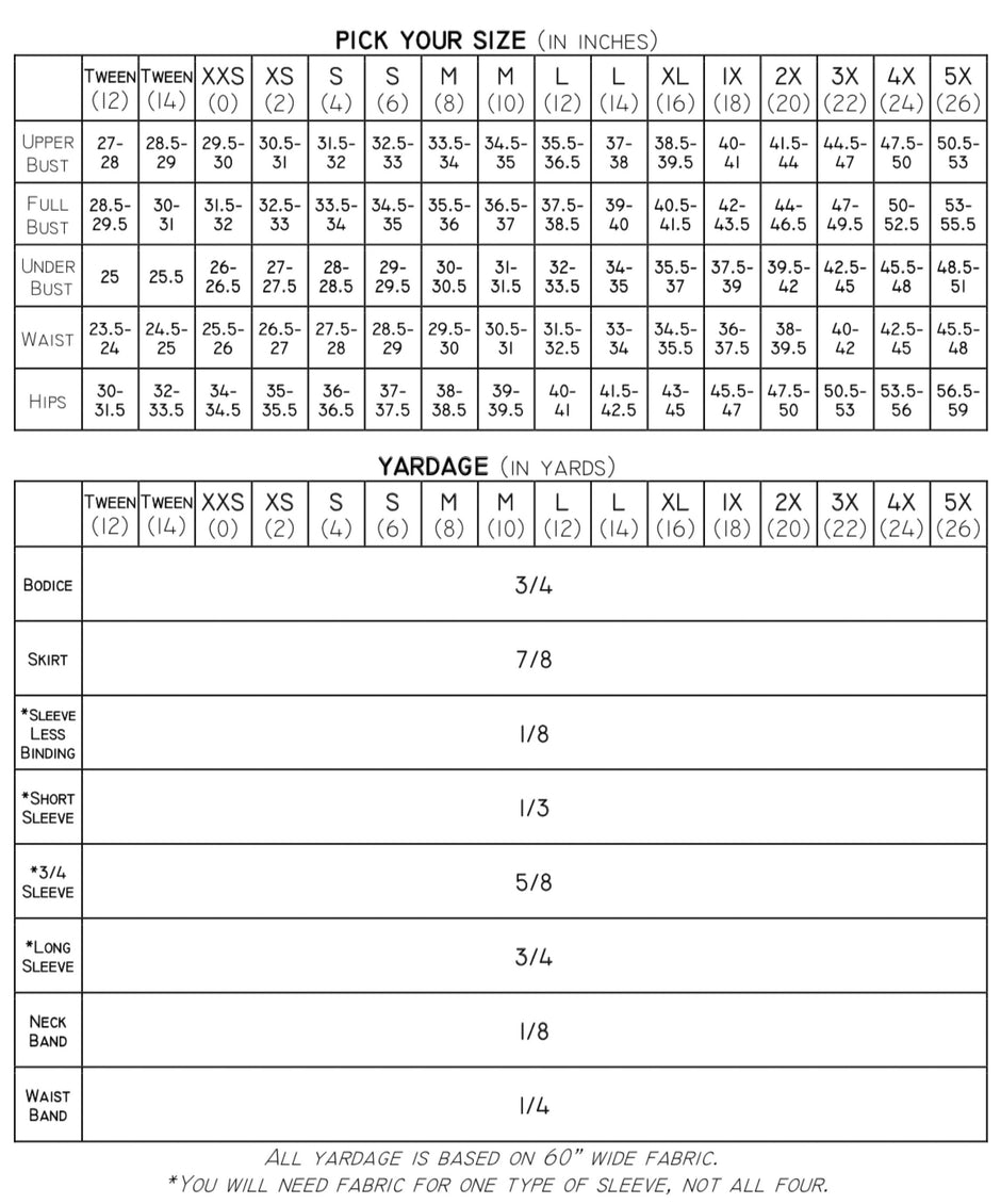 Staple Patterns (old size chart) – George And Ginger Patterns